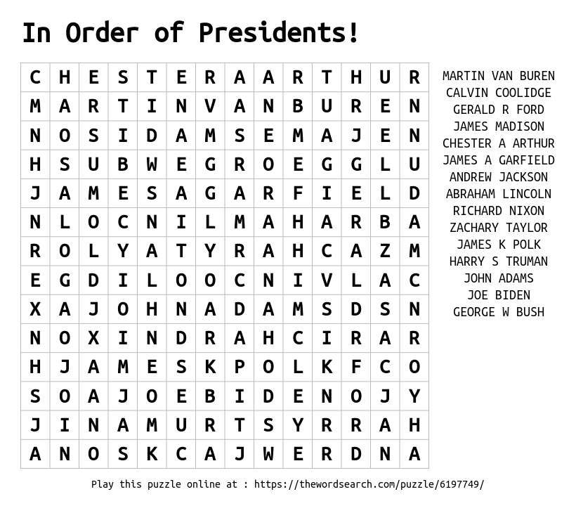 Download Word Search on In Order of Presidents!