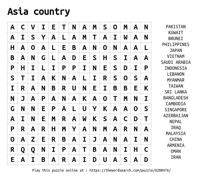 Asia country Word Search
