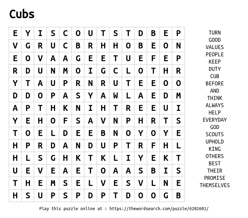 Cubs Word Search