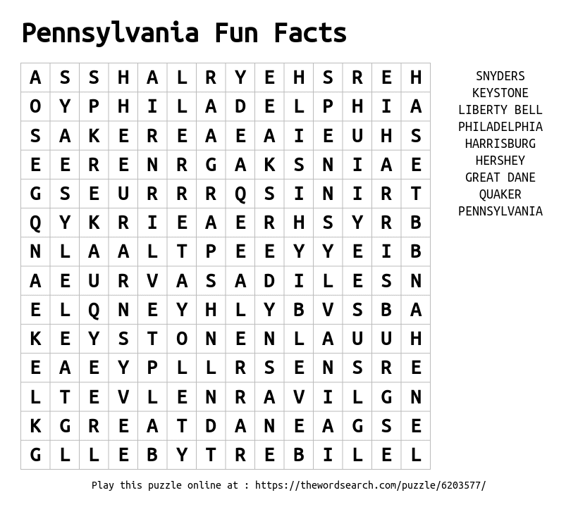 Pennsylvania Fun Facts Word Search