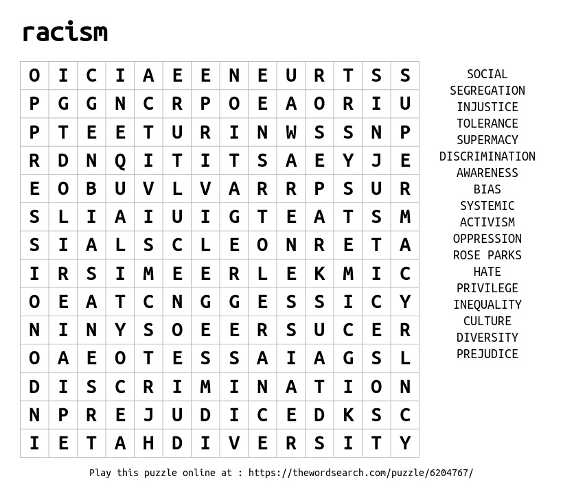 racism Word Search