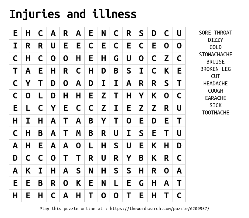 Injuries and illness Word Search