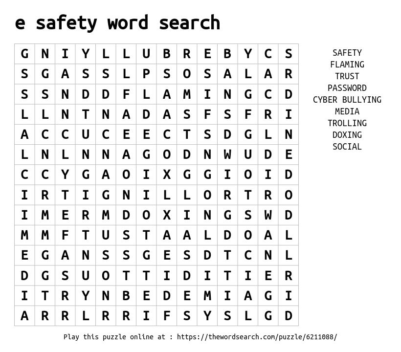 Download Word Search on e safety word search