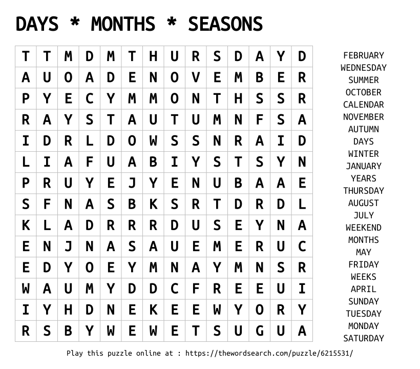 Download Word Search on DAYS * MONTHS * SEASONS