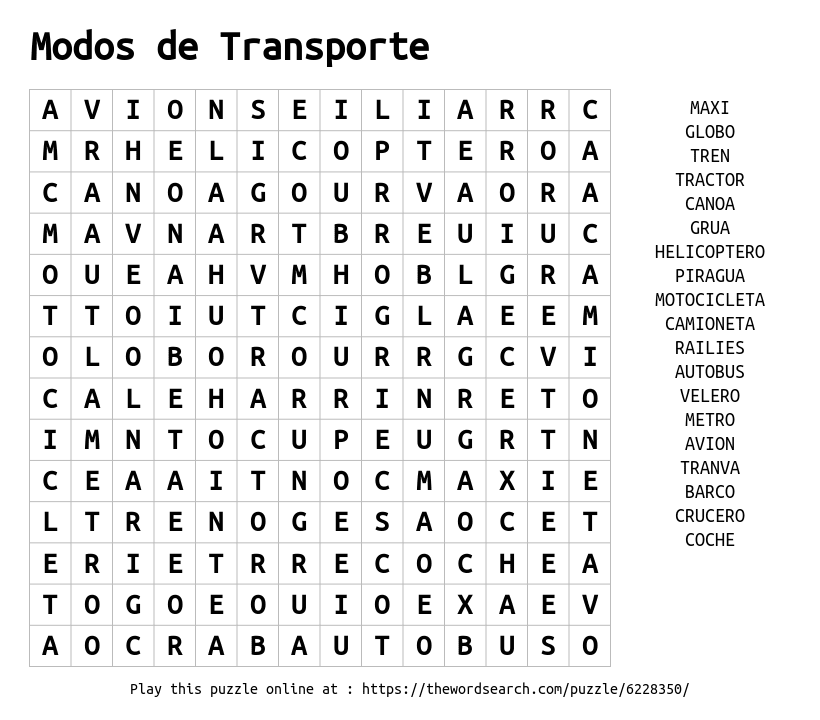 Modos de Transporte Word Search