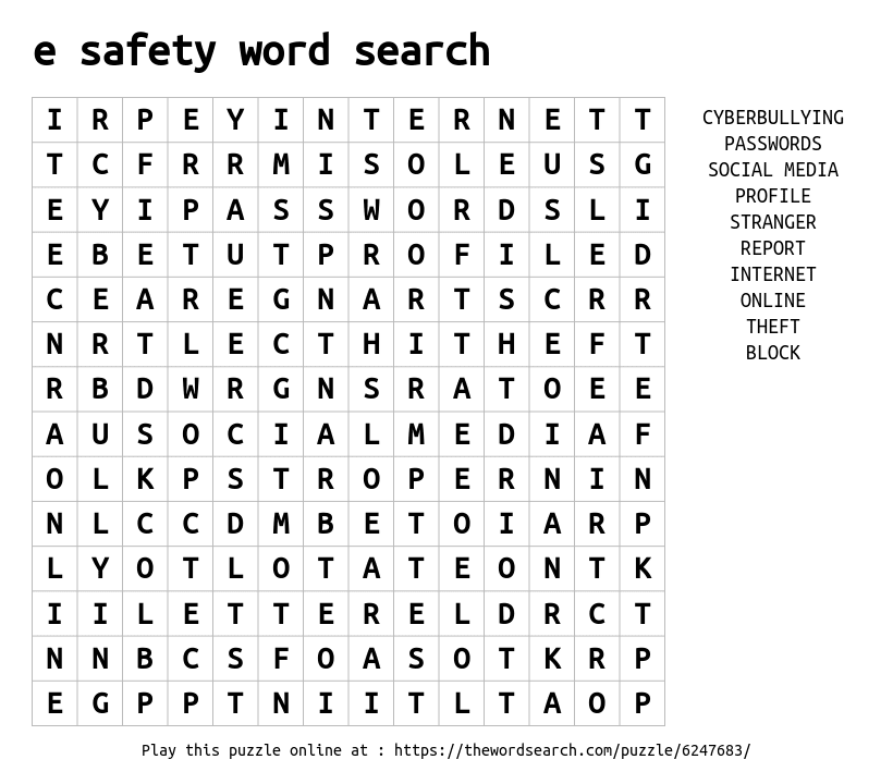 Download Word Search on e safety word search