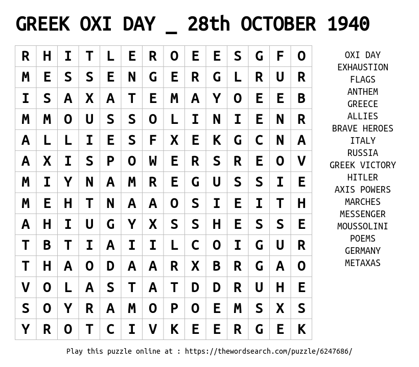 Download Word Search on GREEK OXI DAY _ 28th OCTOBER 1940