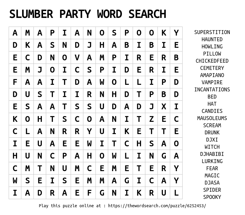 Download Word Search on SLUMBER PARTY WORD SEARCH