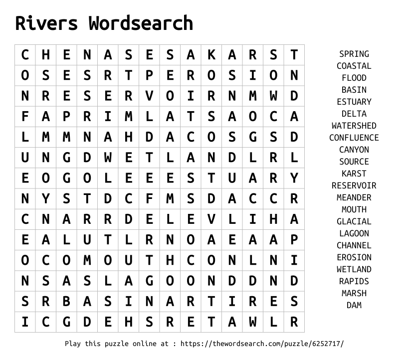 Download Word Search on Rivers Wordsearch