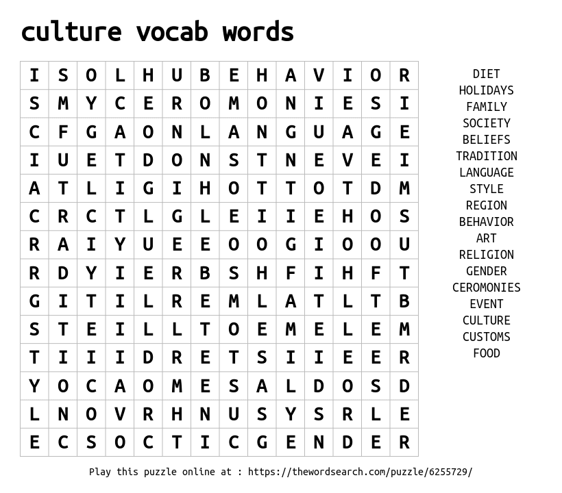 culture vocab words Word Search