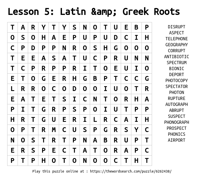 Download Word Search on Lesson 5: Latin & Greek Roots