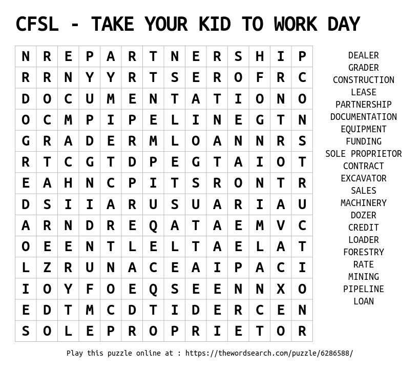 CFSL - TAKE YOUR KID TO WORK DAY Word Search