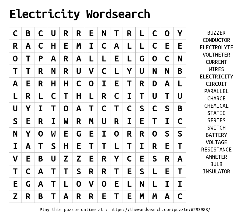 Electricity Wordsearch Word Search