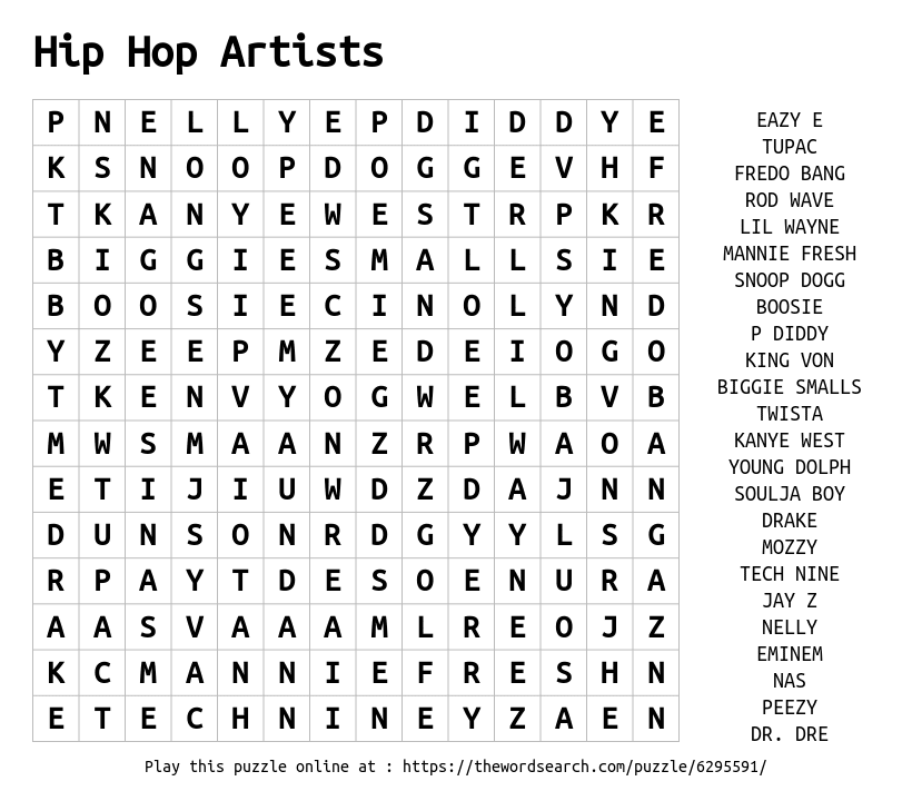 Hip Hop Artists Word Search