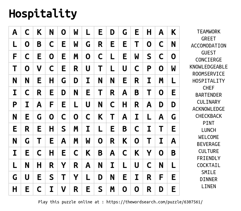 Download Word Search on Hospitality