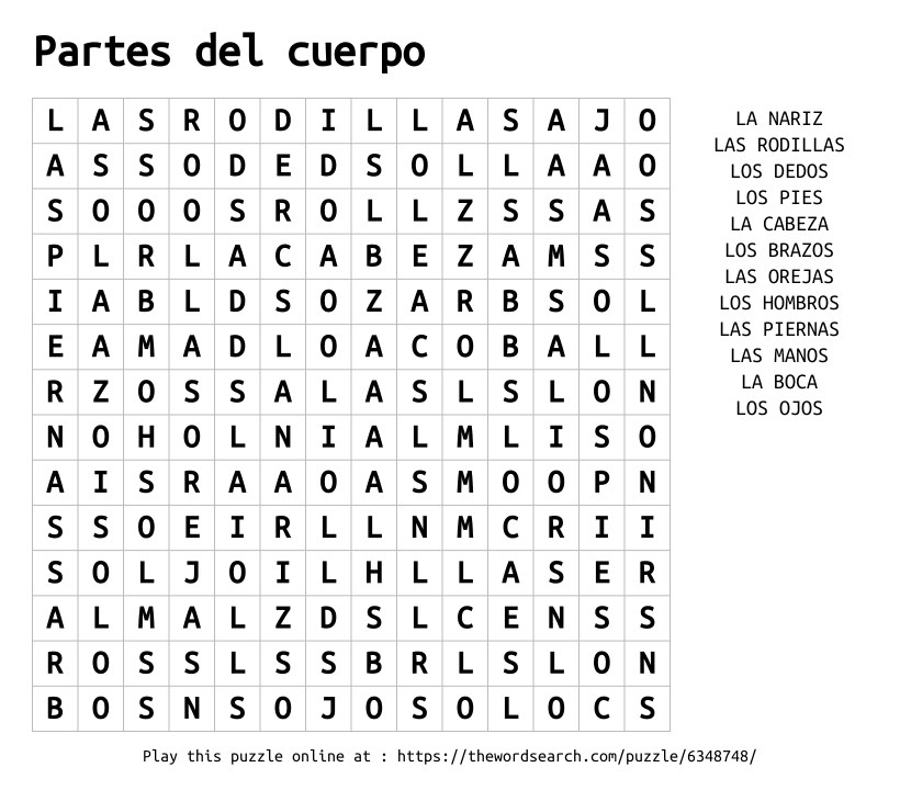 Partes Del Cuerpo Word Search Partes Del Cuerpo Word Search