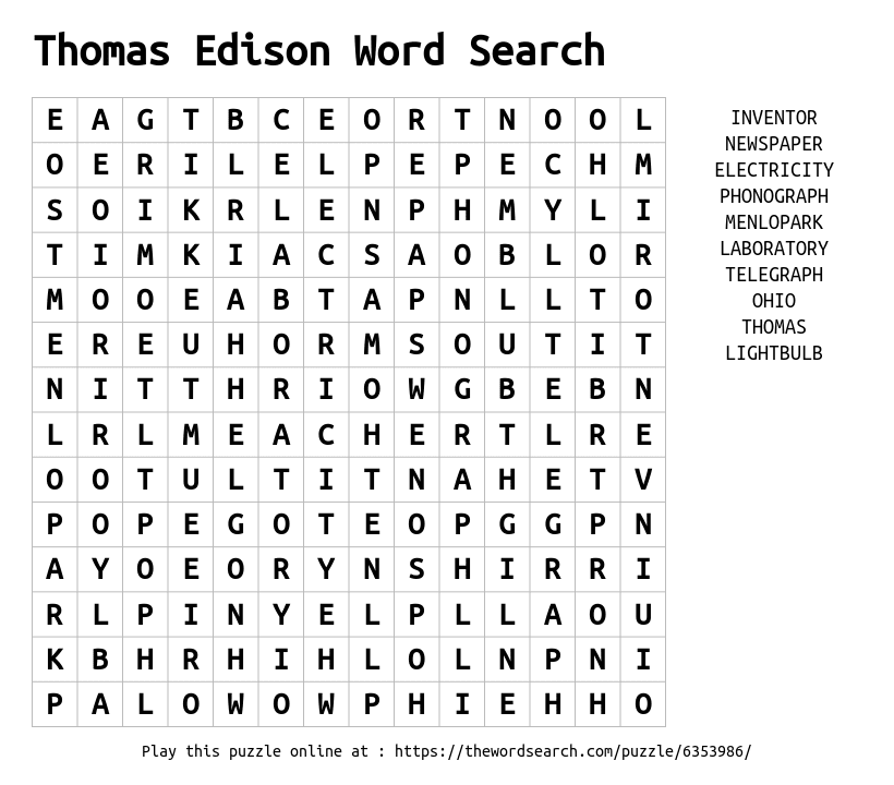 Download Word Search on Thomas Edison Word Search