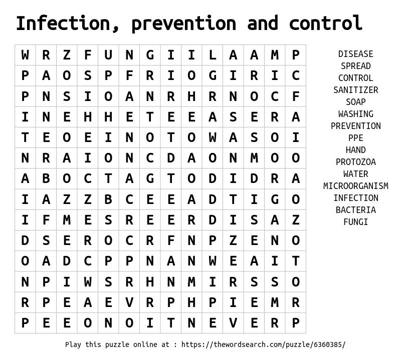 Download Word Search on Infection, prevention and control