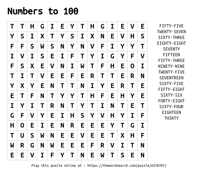Numbers to 100 Word Search