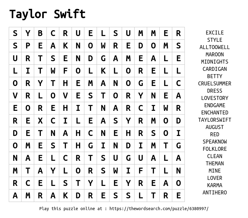Taylor Swift Word Search