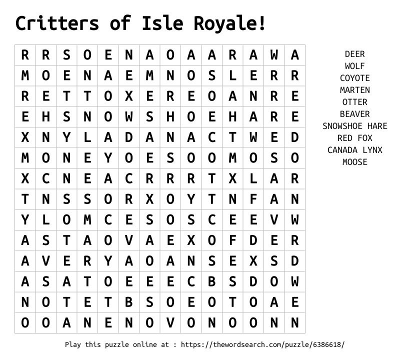 Critters of Isle Royale! Word Search