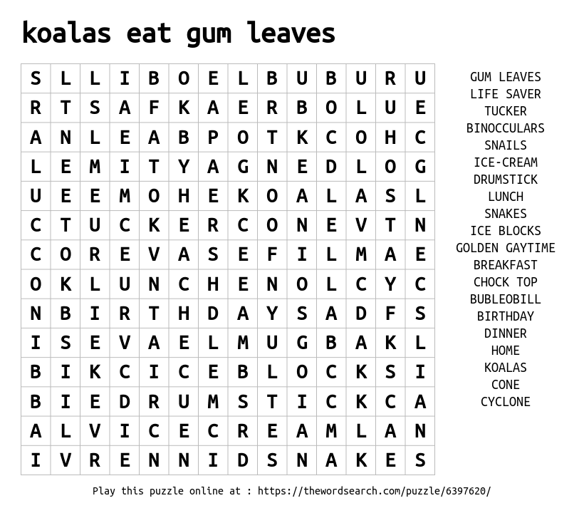 Download Word Search on koalas eat gum leaves