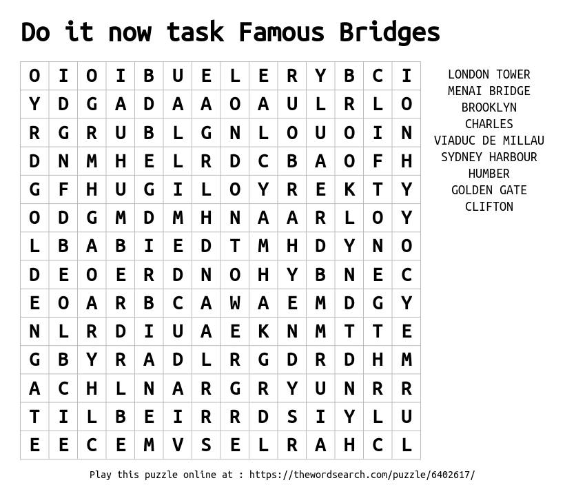 Do it now task Famous Bridges Word Search