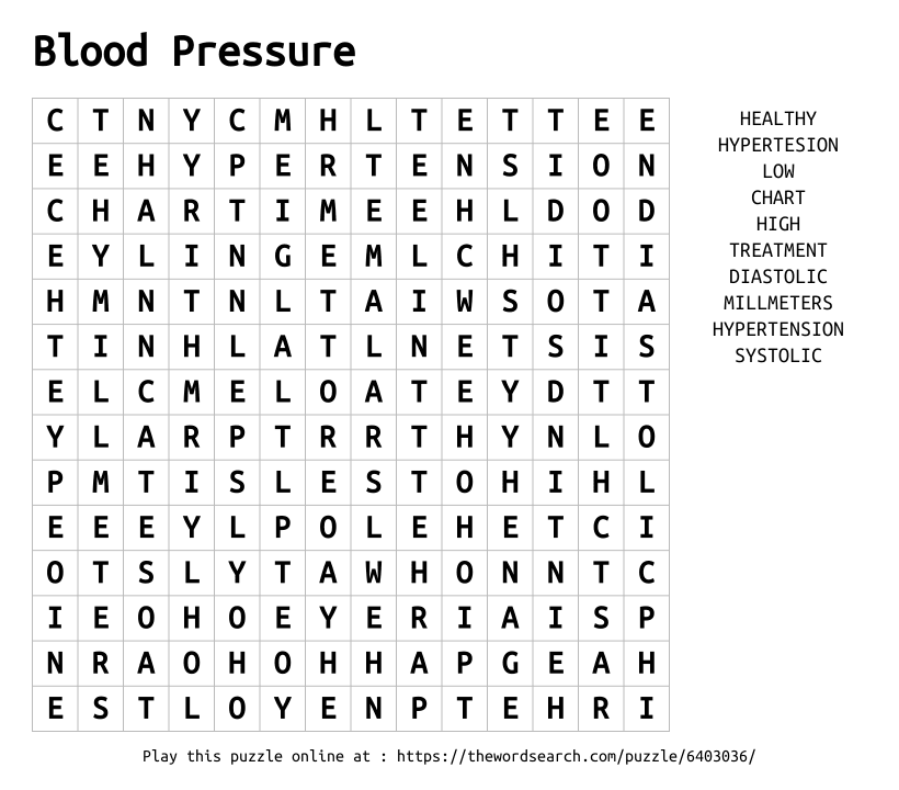 Blood Pressure Word Search