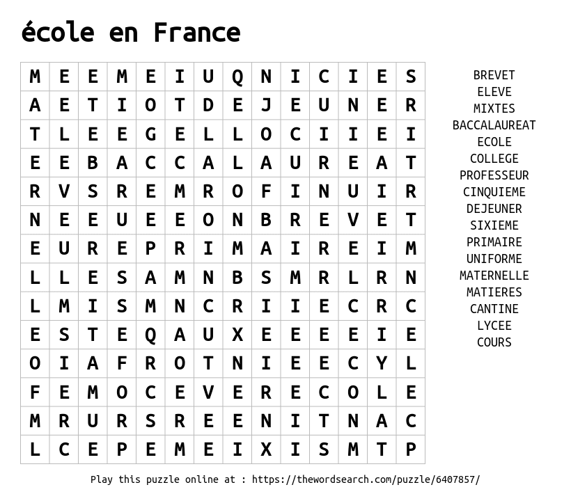 école en France Word Search