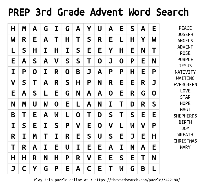 PREP 3rd Grade Advent Word Search Word Search