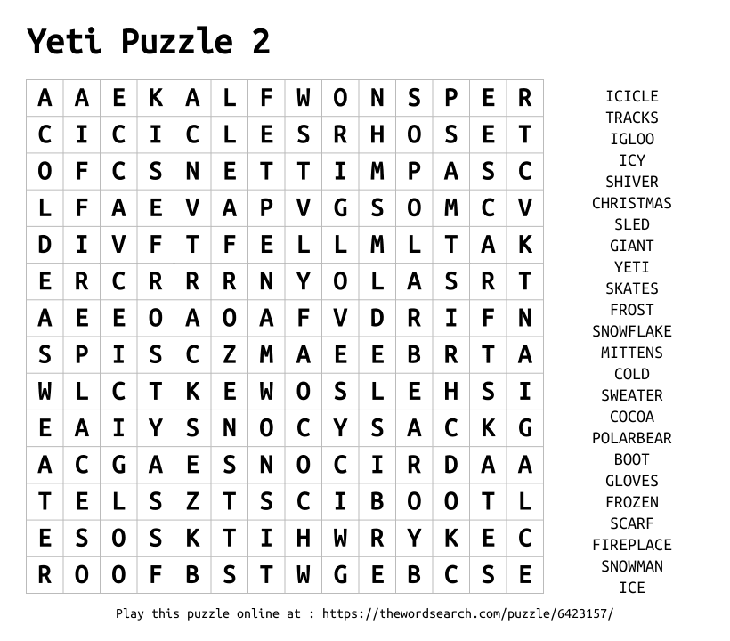 Yeti Puzzle 2 Word Search