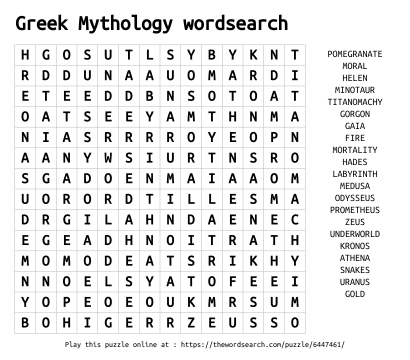 Greek Mythology wordsearch Word Search