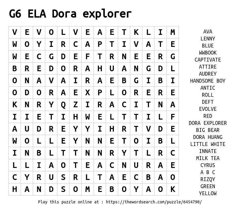 G6 ELA Dora explorer Word Search