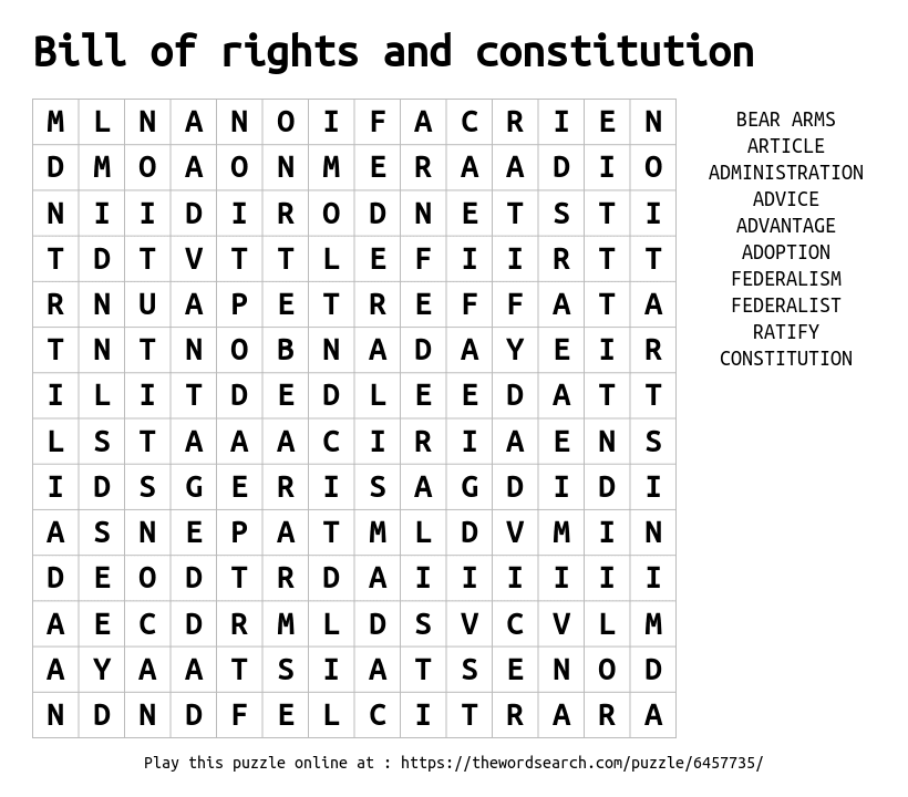Download Word Search on Bill of rights and constitution