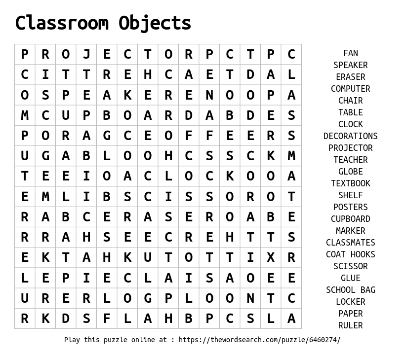 Classroom Objects Word Search