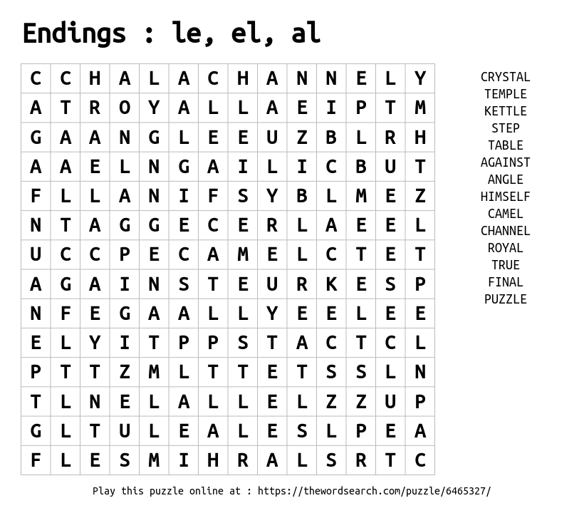 Download Word Search on Endings : le, el, al