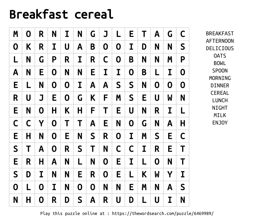 Breakfast cereal Word Search