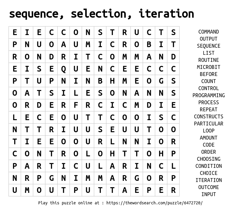 sequence, selection, iteration Word Search