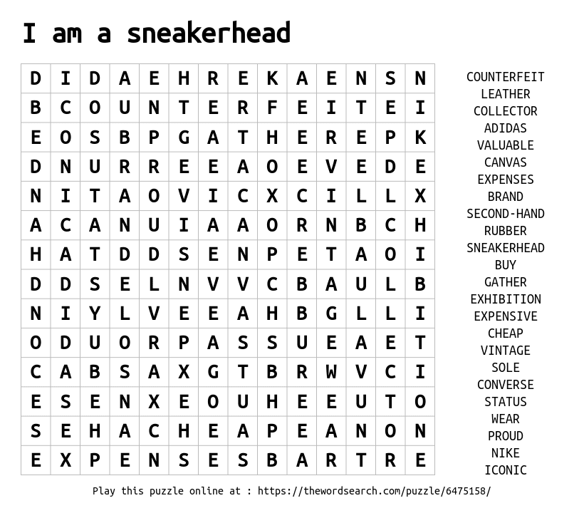 I am a sneakerhead Word Search