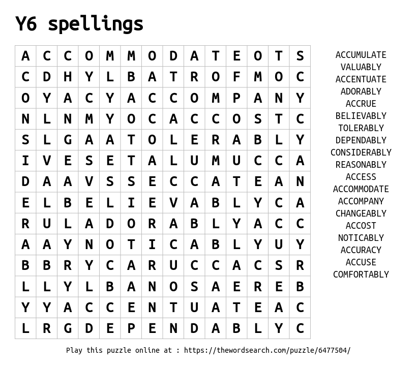 Y6 spellings Word Search