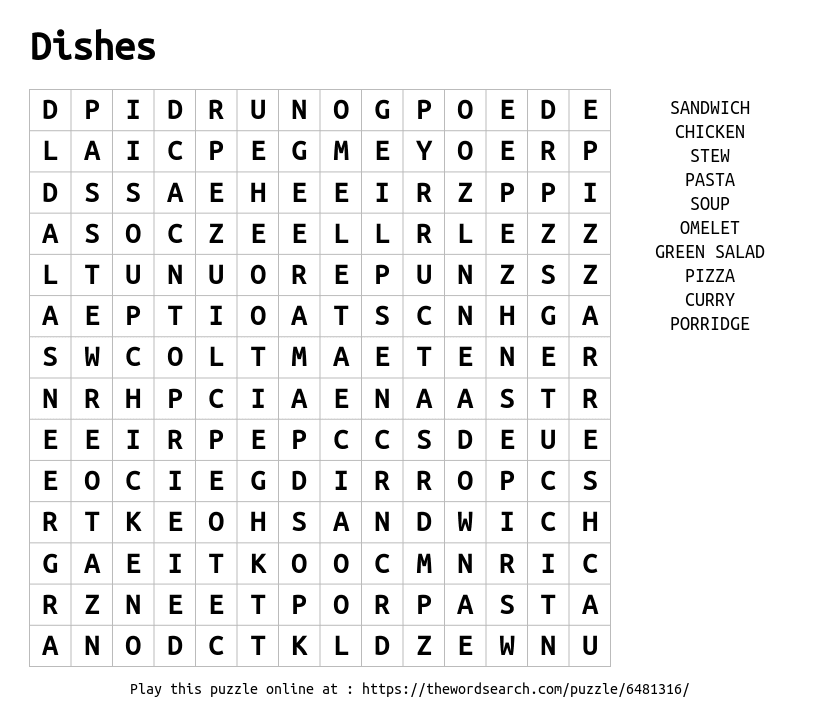 Dishes Word Search