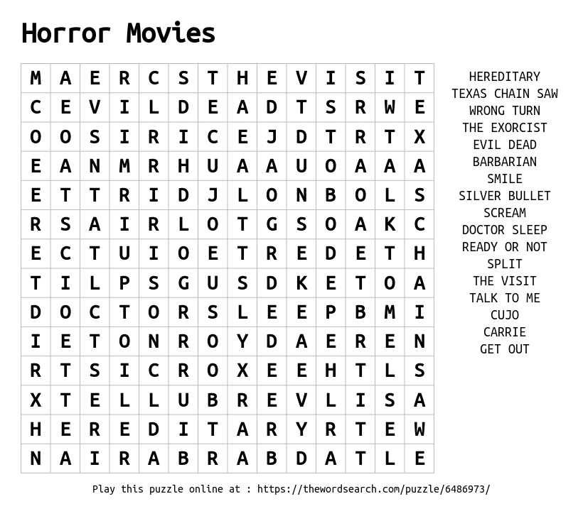 Horror Movies Word Search