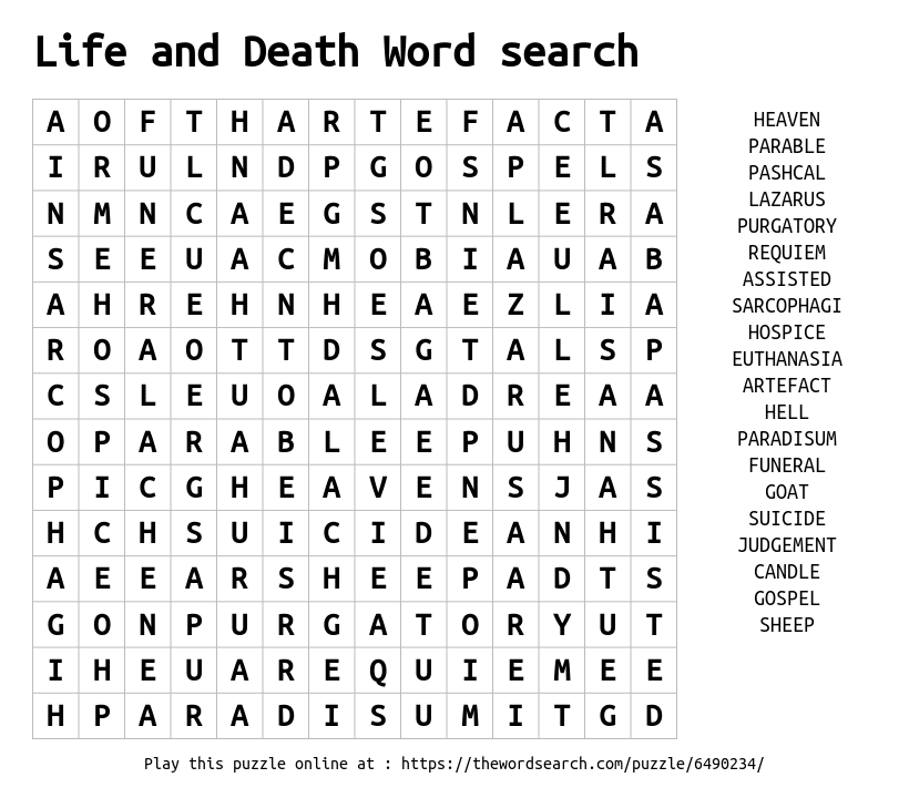 Life and Death Word search Word Search