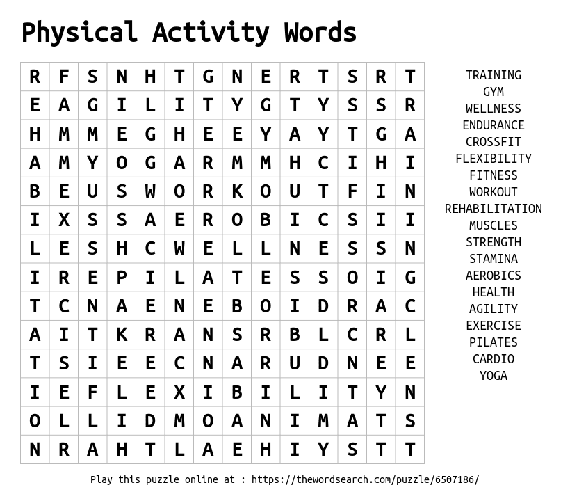 Physical Activity Words Word Search