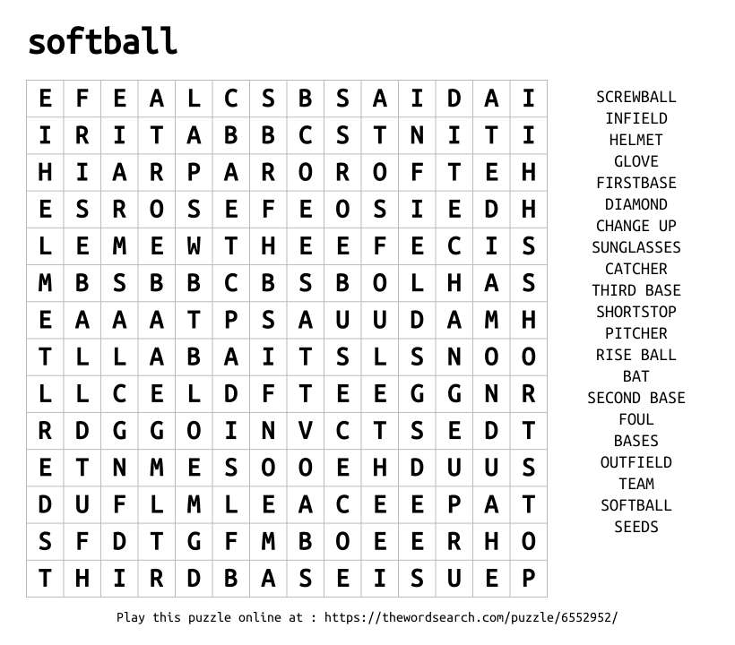 softball Word Search