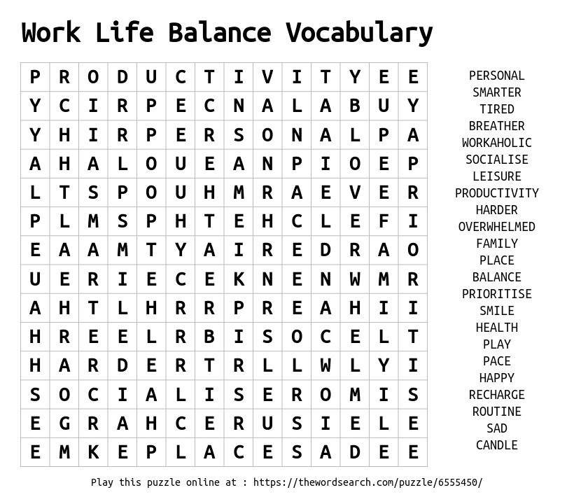 Work Life Balance Vocabulary Word Search