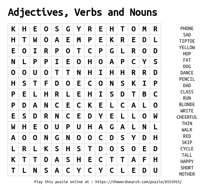 Download Word Search on Adjectives, Verbs and Nouns