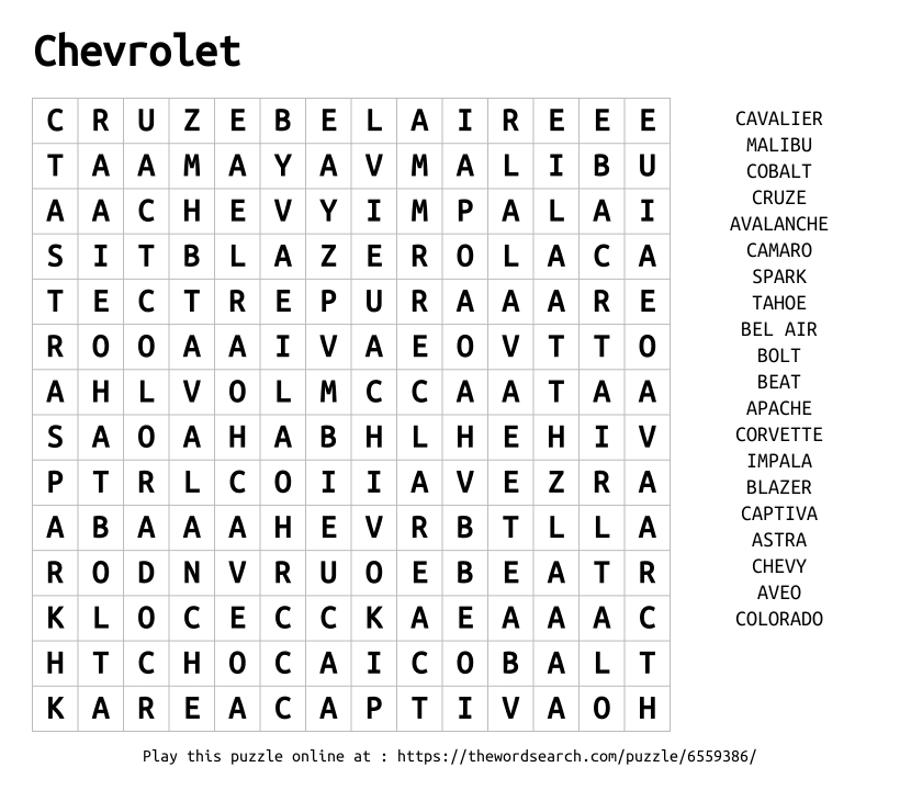 Chevrolet Word Search