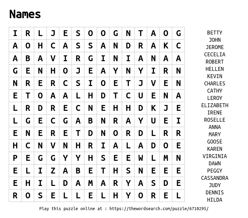 Names Word Search