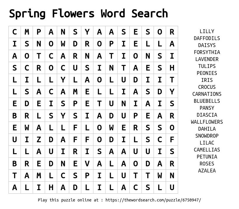 Spring Flowers Word Search Word Search